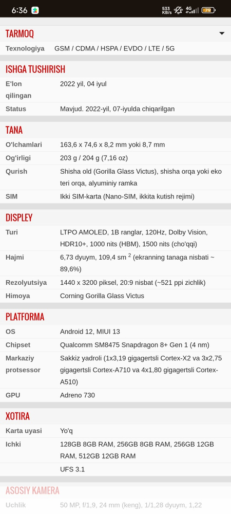 Xiaomi 12s pro 8/128 oq holati ideal