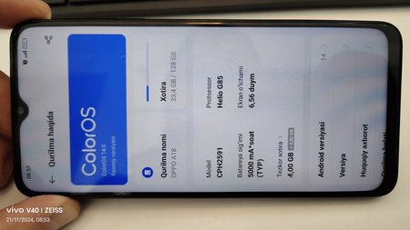 Oppo A18 xotirasi 128  batareya 5000ma. tezkor xotira 4gb
