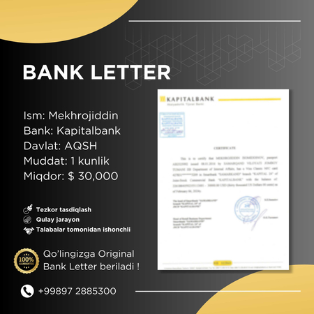 Chet elda o'qish uchun bir kunlik Bank letter xizmati