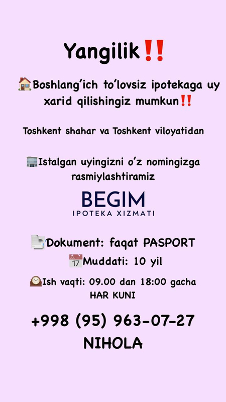 Ipoteka kredit bank orqali pasport evaziga Olmaliq shahar 3 xonali uy