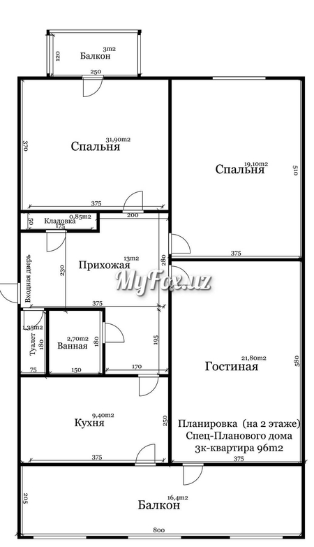 (Спец-План)3к-квартира 96m2, 2/2 этаж
