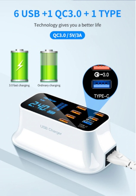 8 - канал.USB зарядка - с индикацией тока и напряжения-QC 3.0 - Type C