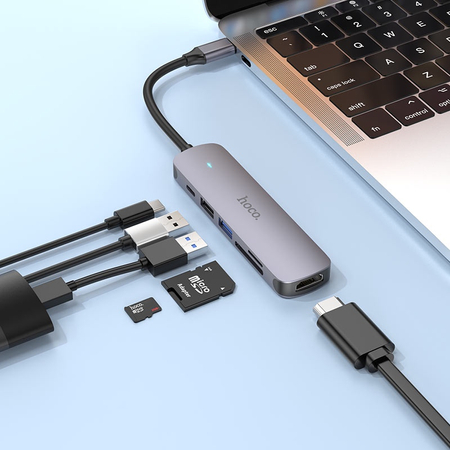 HB28, Type-C male to HDMI + Type-C PD + USB3.0 + USB2.0 + SD + TF, sup