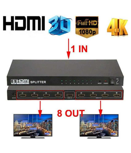 разветвитель HDMI Splitter 1X8 поддерживает 3D 4Kx 2K Full UHD 1080P