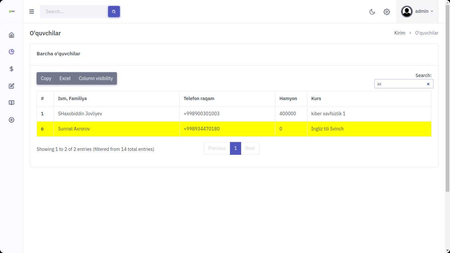 O'quv markazlar uchun boshqaruv tizimi - admin panel
