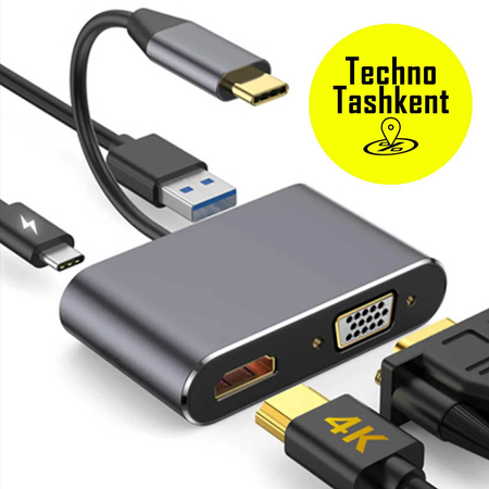 Хаб Type C 4in1 - HDMI/USB/VGA/Type C (Dostavka Bor) (Garantiya)