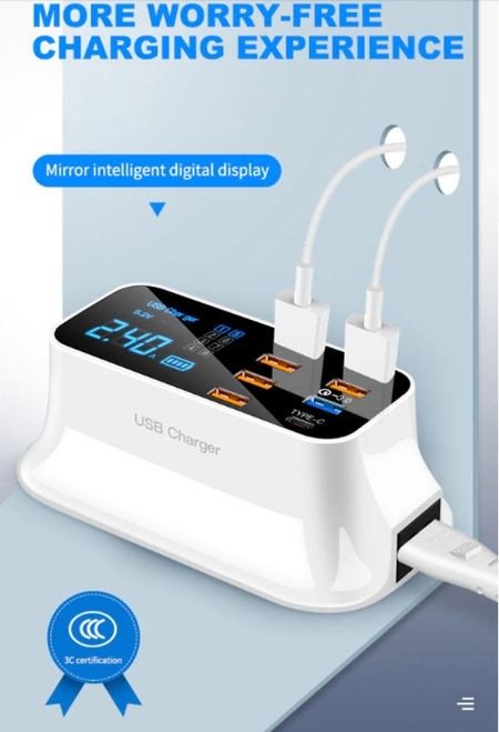 8 - канал.USB зарядка - с индикацией тока и напряжения-QC 3.0 - Type C
