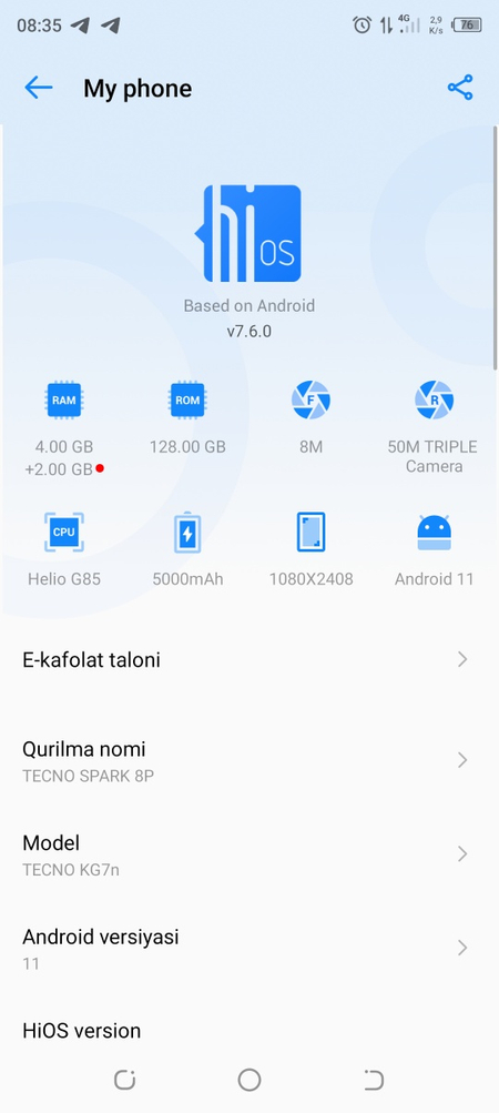 Techno Spark 8p xotira 4+2/128