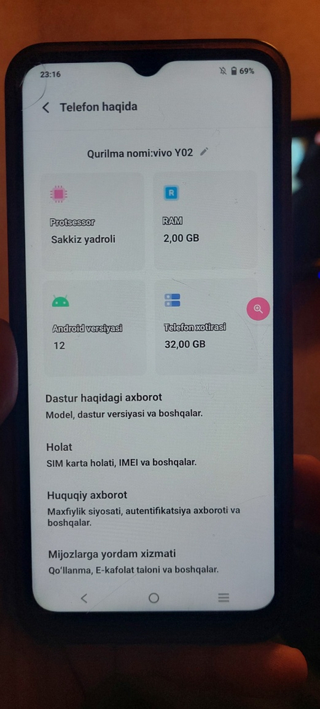 Vivo y02 32gb xotira